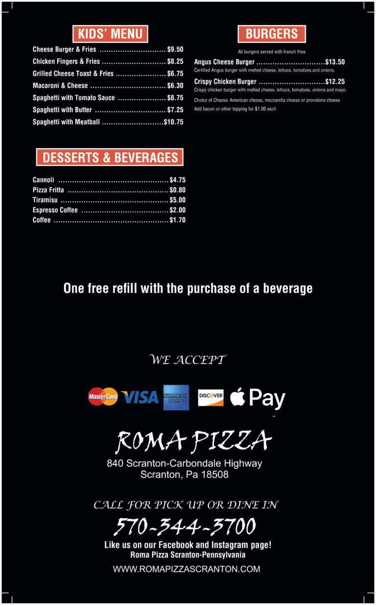 Our Menu - Tasty Pizza Offer Scranton - Roma Pizza